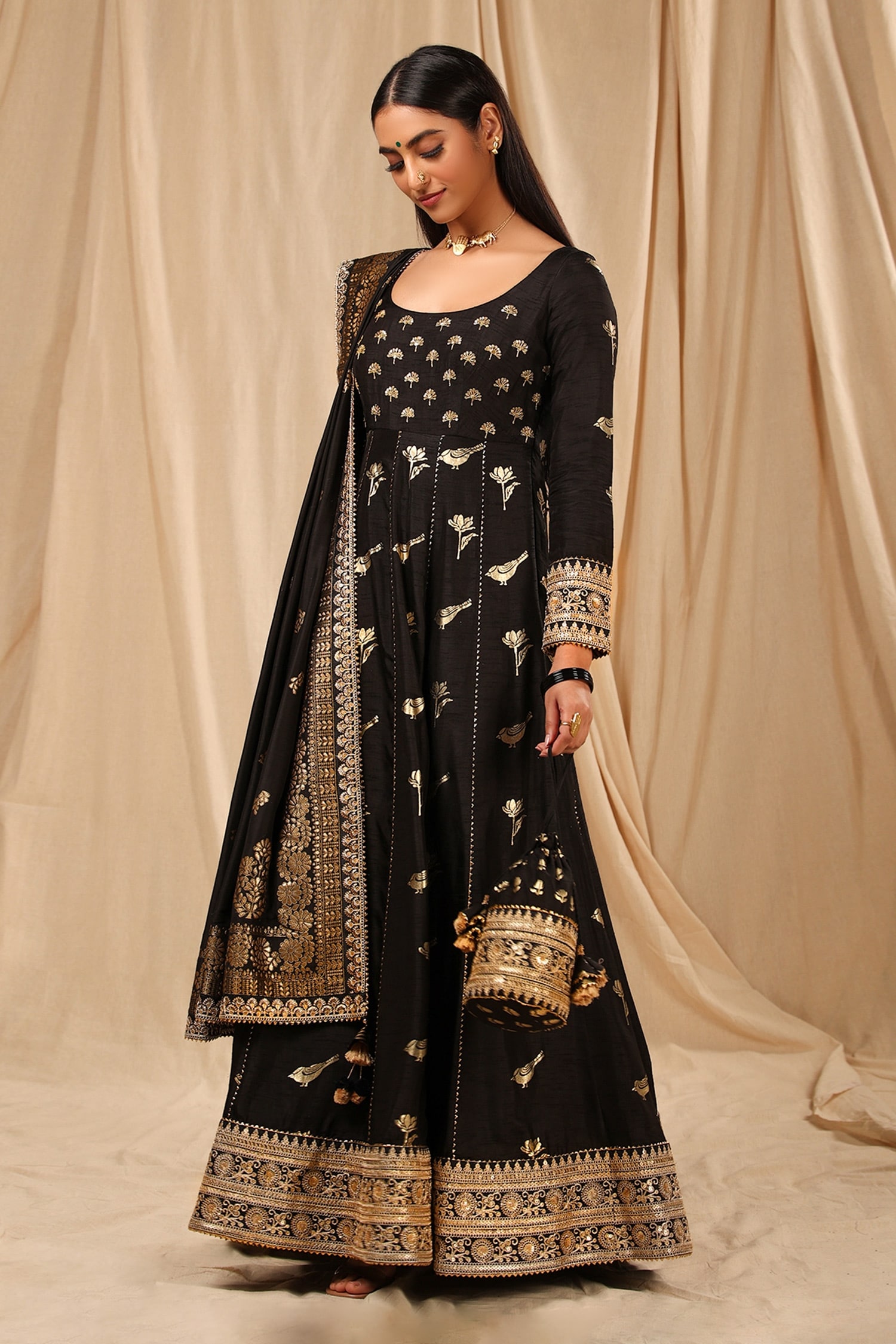 Buy Masaba Black Raw Silk Vintage Fiona Foil Print Anarkali Set Online ...