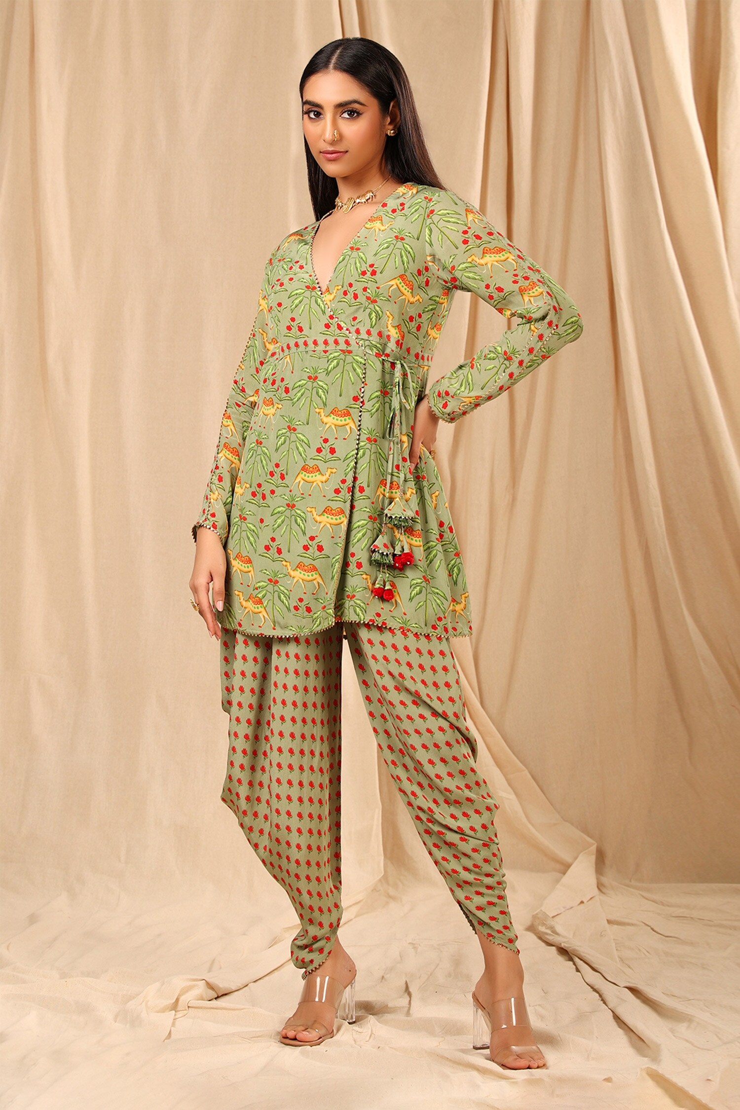 Buy Green Oasis Print Angrakha And Dhoti Pant Set For Women by Masaba ...