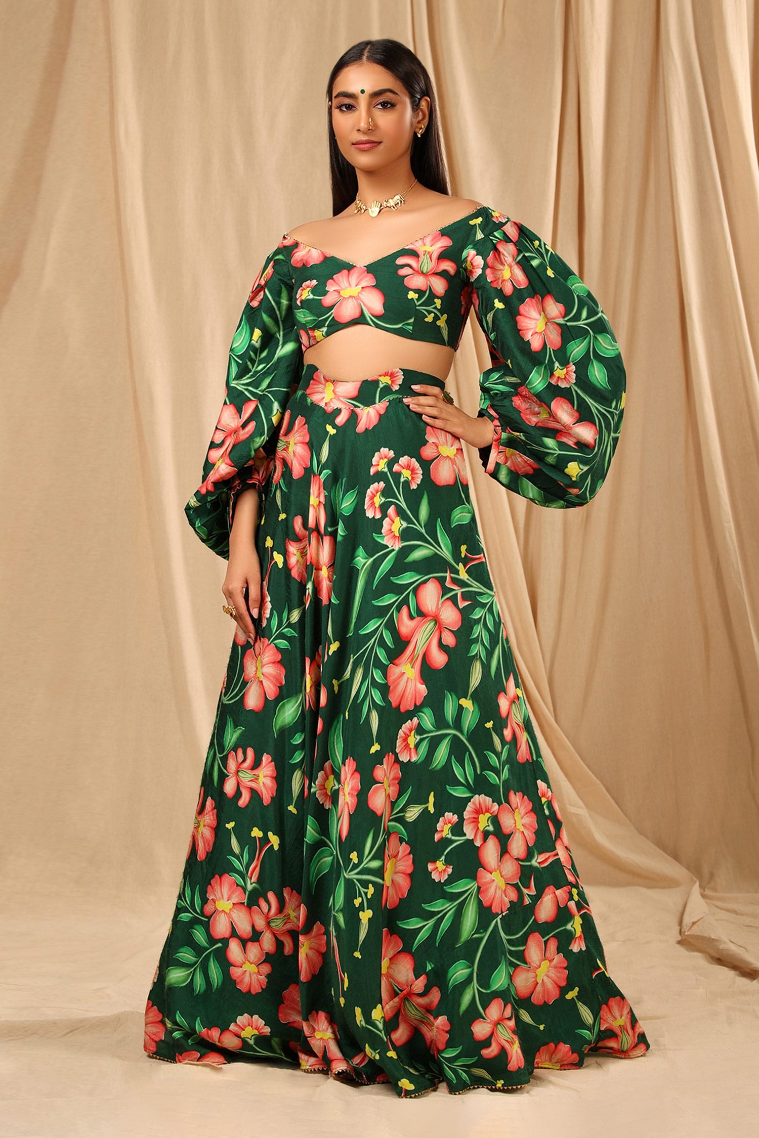 Buy Masaba Green Raw Silk Queen Of The Night Printed Lehenga Set Online ...