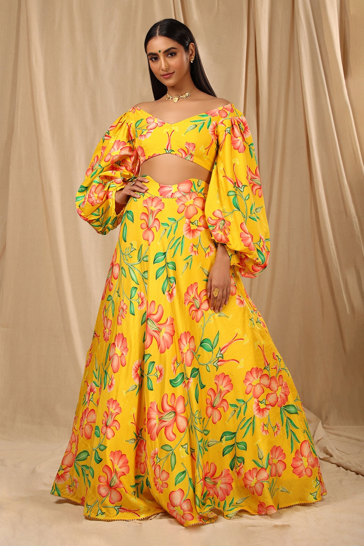 Buy Yellow Raw Silk Printed Cherry Blossom Queen Of The Night Lehenga ...