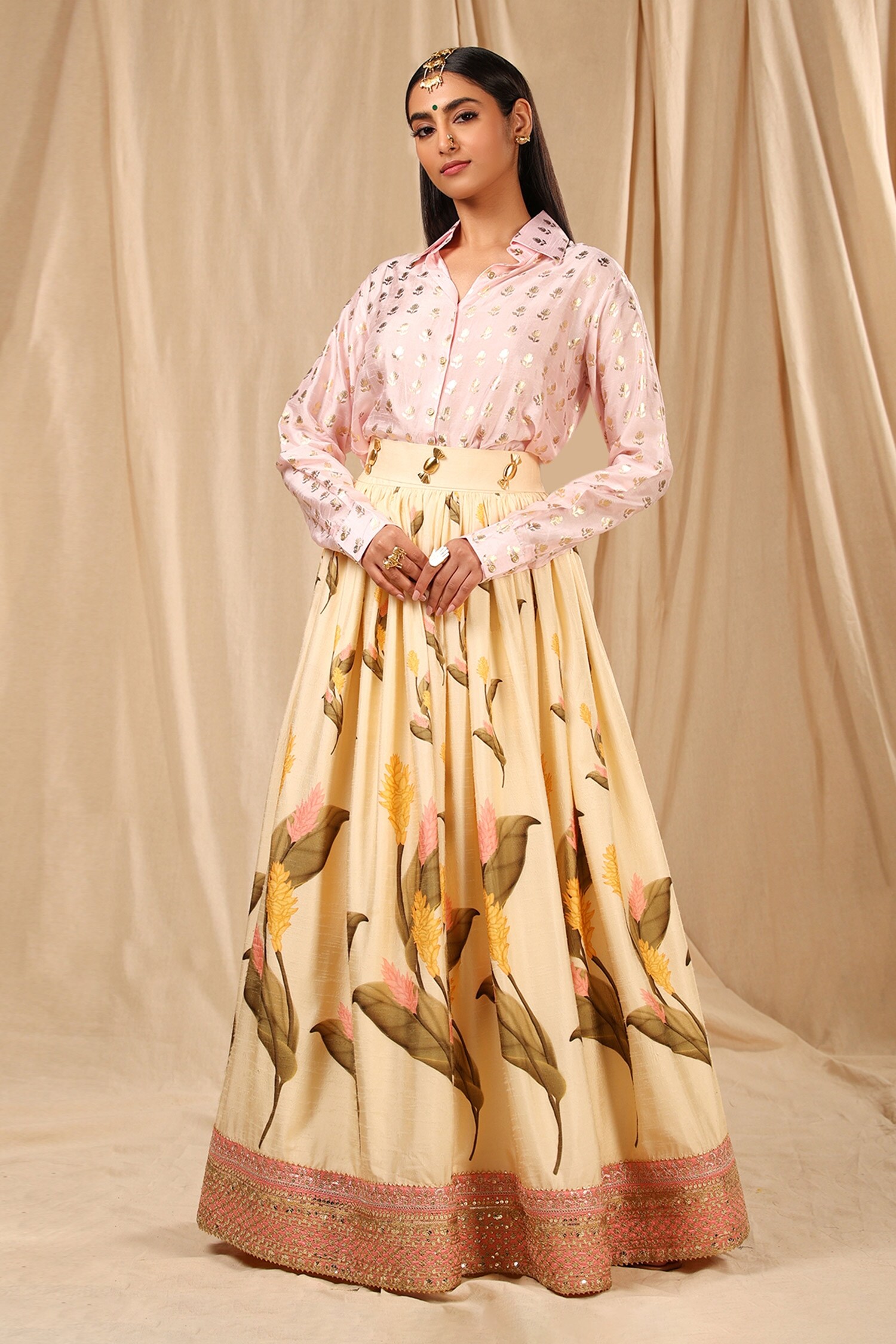 Buy Masaba Pink Crepe Floral Fantasy Print Lehenga Set Online | Aza ...