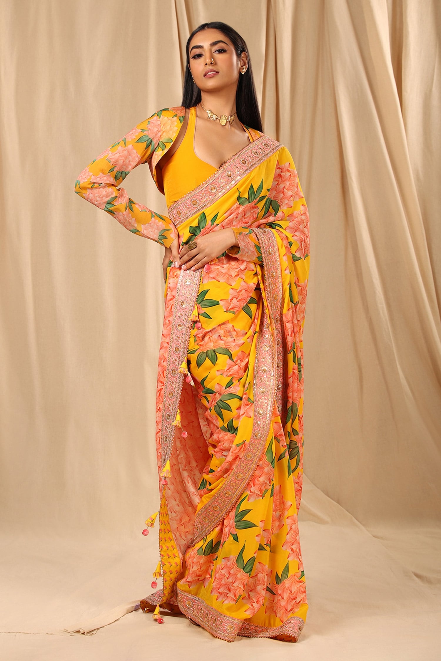 Buy Masaba Yellow Crepe Candy Swirl Print Saree Online | Aza Fashions