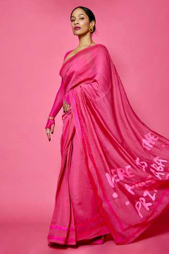 Buy Masaba Pink Chanderi Mul Slogan Print Sportee Saree Online | Aza ...