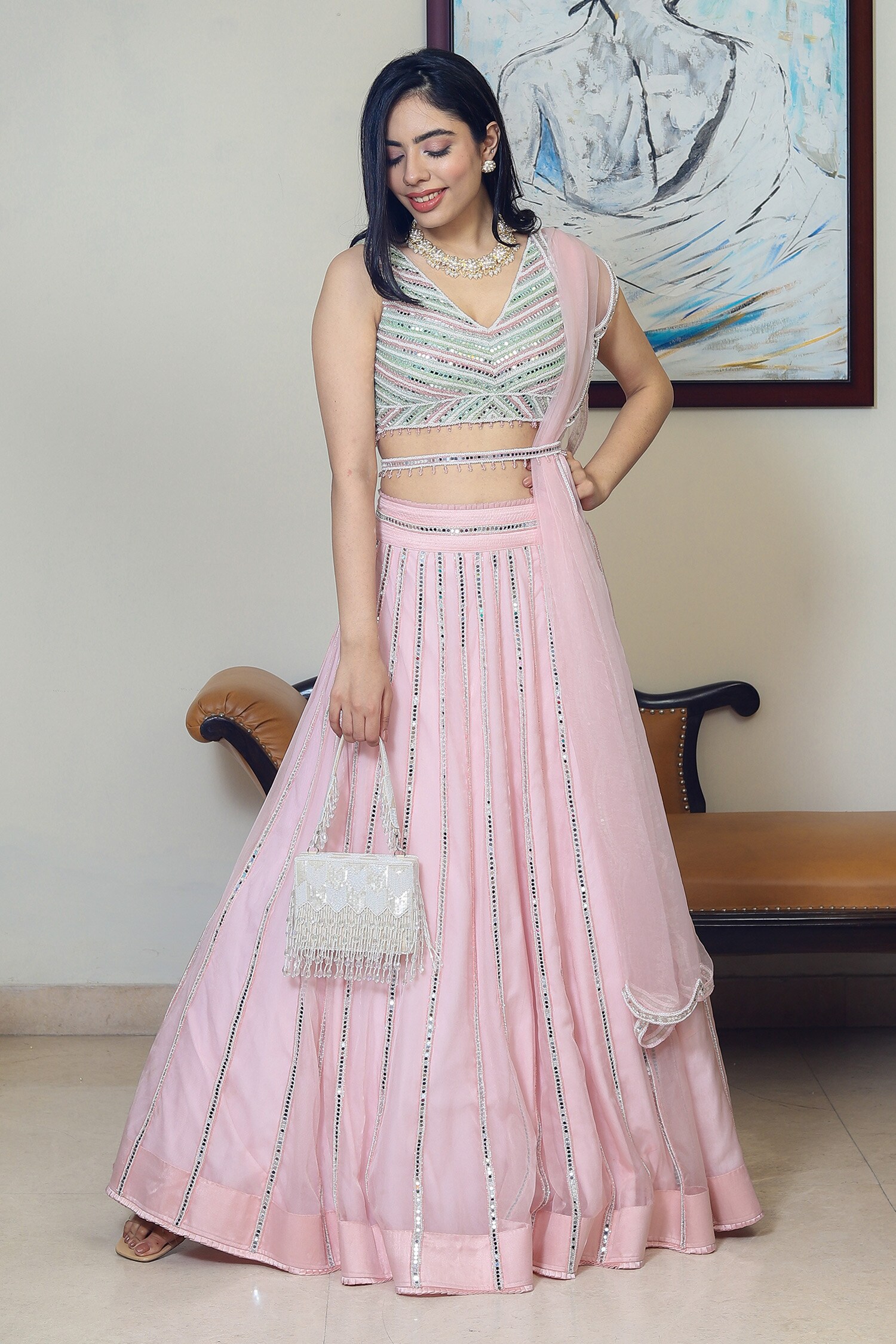 Buy Pink Organza Embroidery V Neck Embellished Lehenga Set For Women By