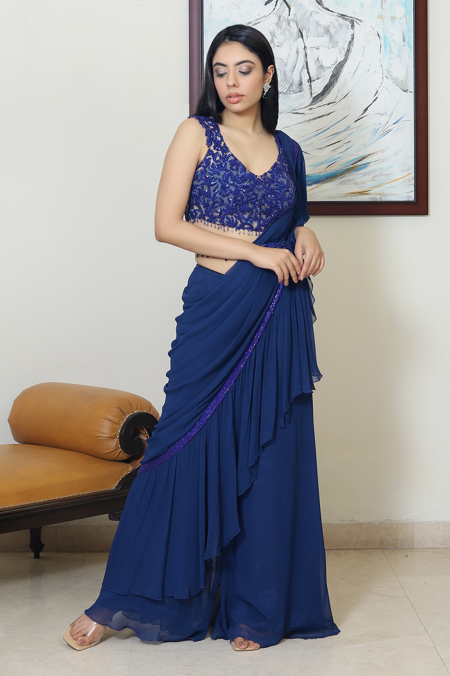 Buy Blue Georgette Embroidery V Neck Pre-draped Ruffle Saree For Women ...