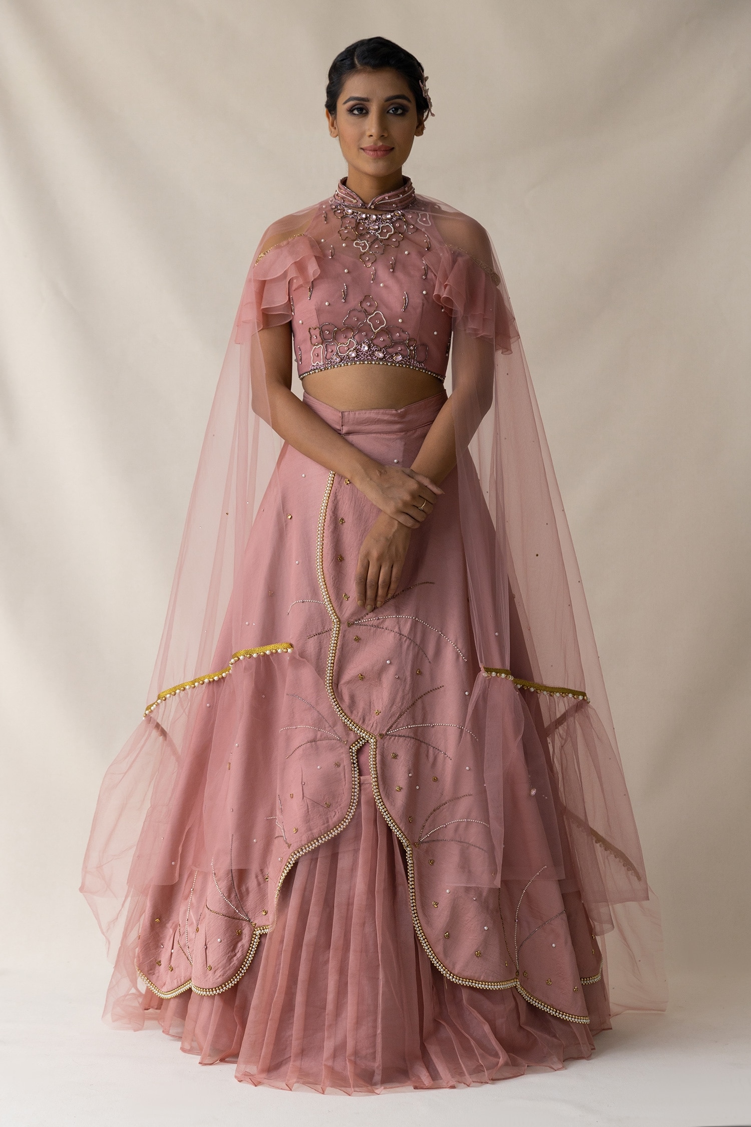 Buy Pink Embroidered Pearls And Diamonds Scalloped Overlay Lehenga Set ...