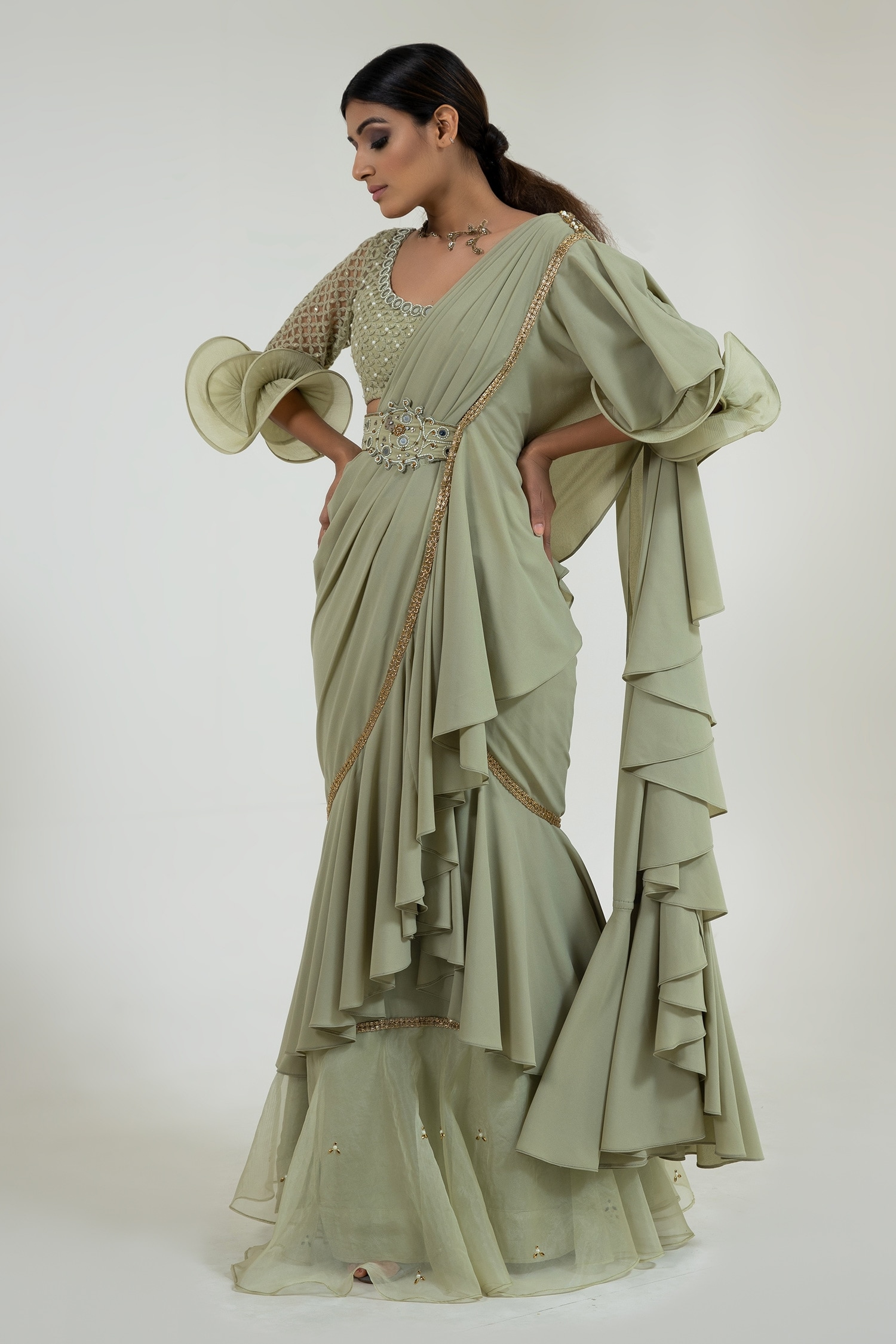 Buy Green Embroidered Mirror Scoop Neck Pre-draped Ruffle Saree With ...