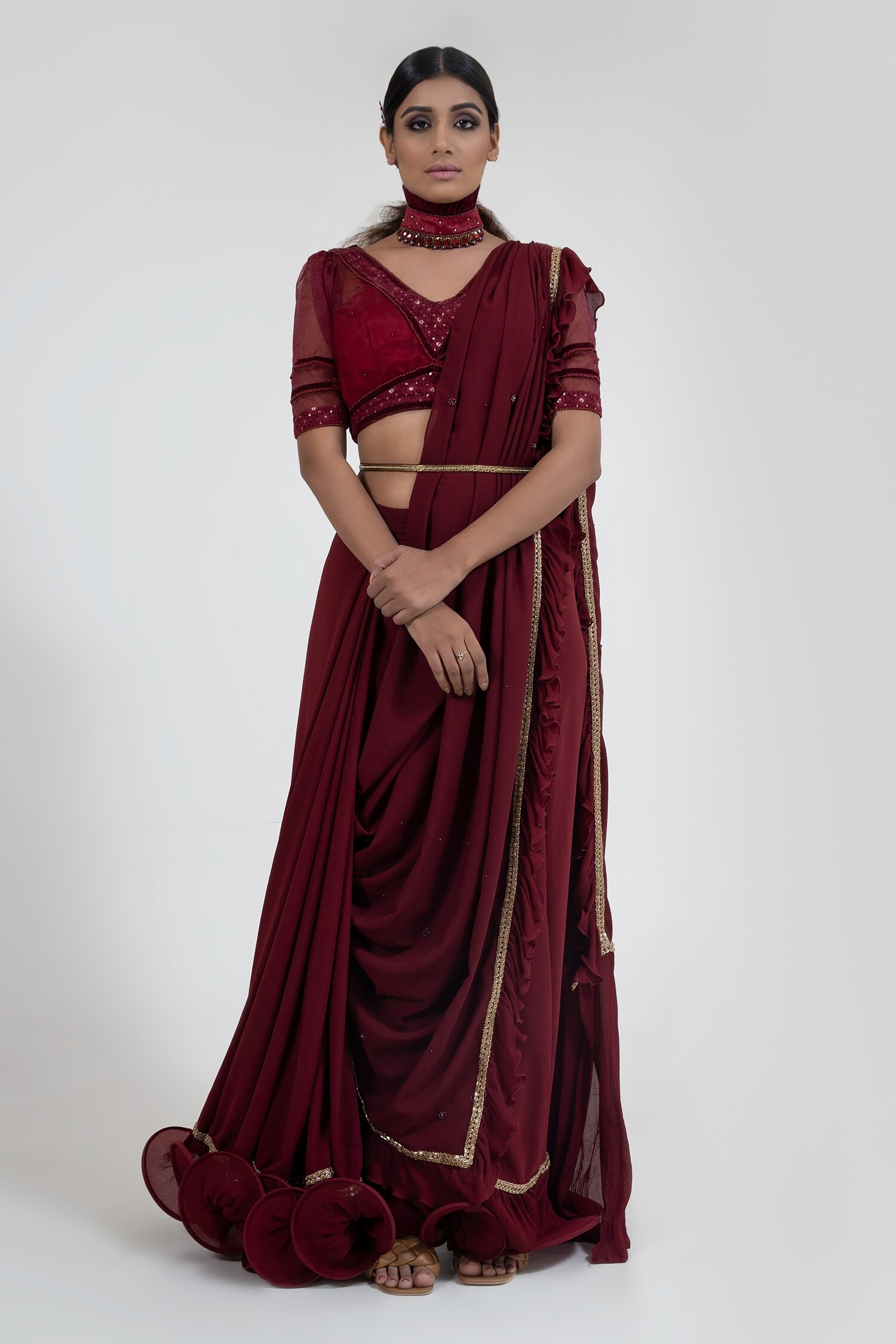 Buy Maroon Embroidery Sequin V Neck Pre-draped Saree With Blouse For ...