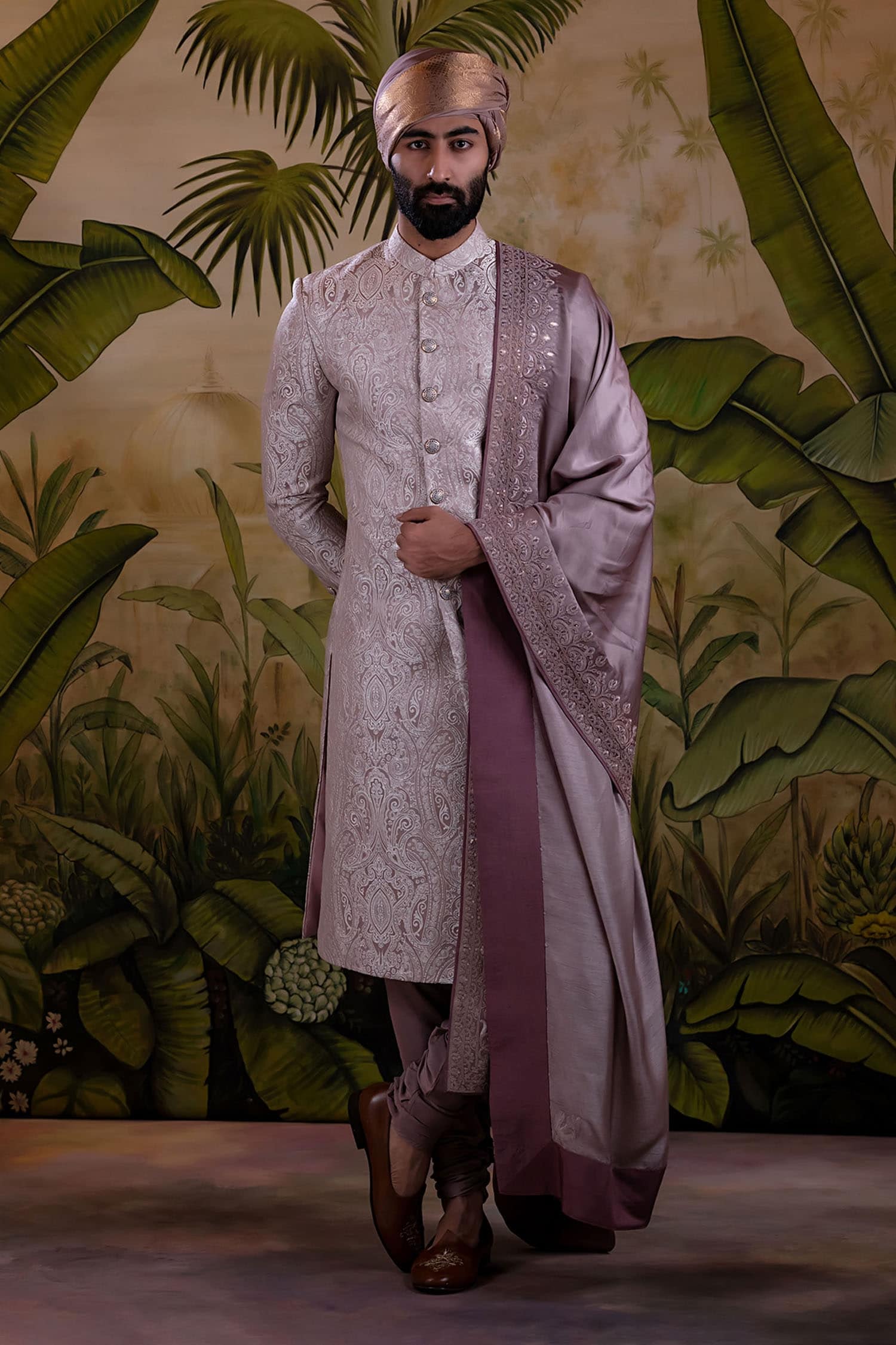 Buy Pink Silk Jacquard Embroidered Thread Ornamental Sherwani Set For ...