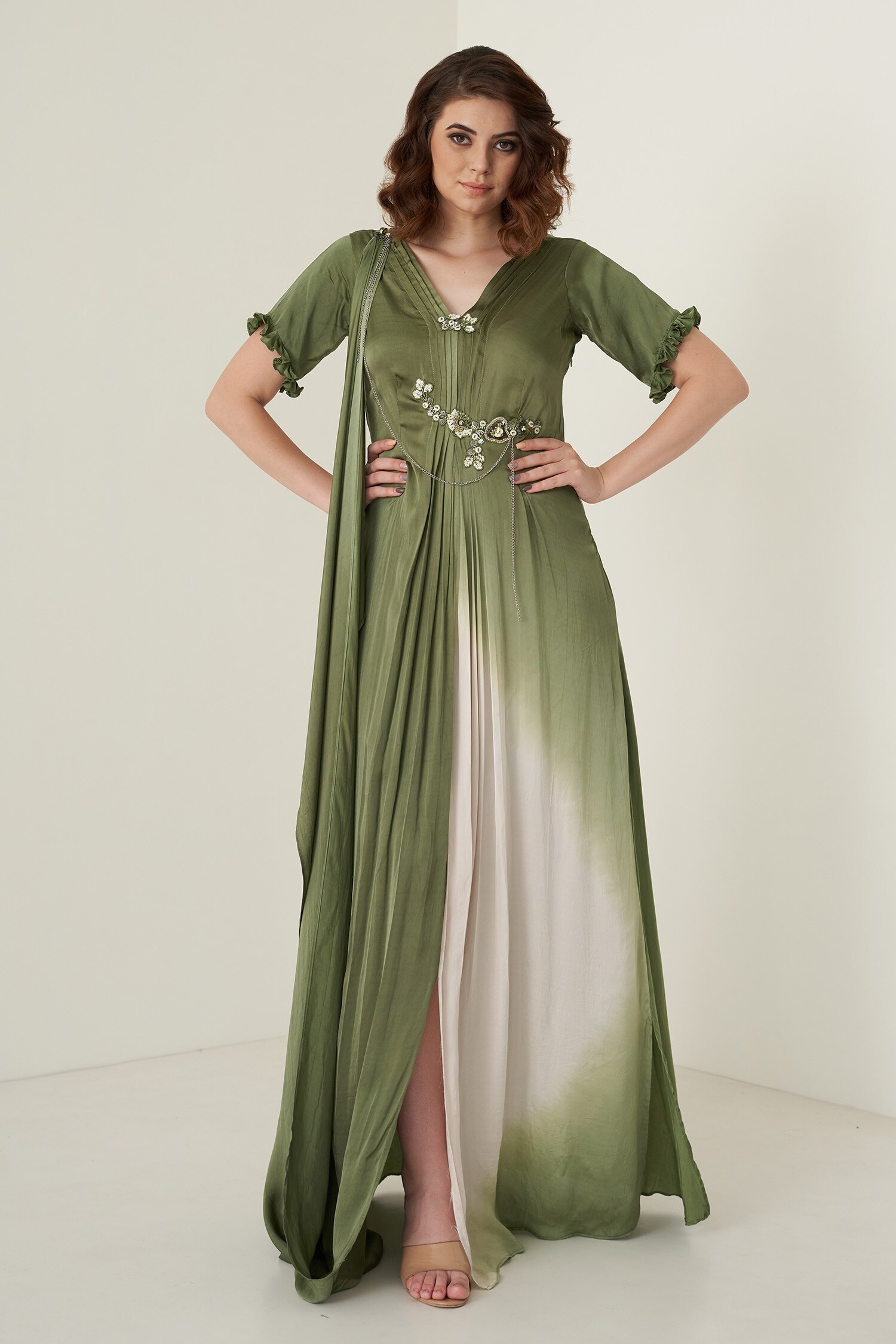 Buy Merge Design Green Modal Satin Ombre Pleated Gown Online | Aza Fashions