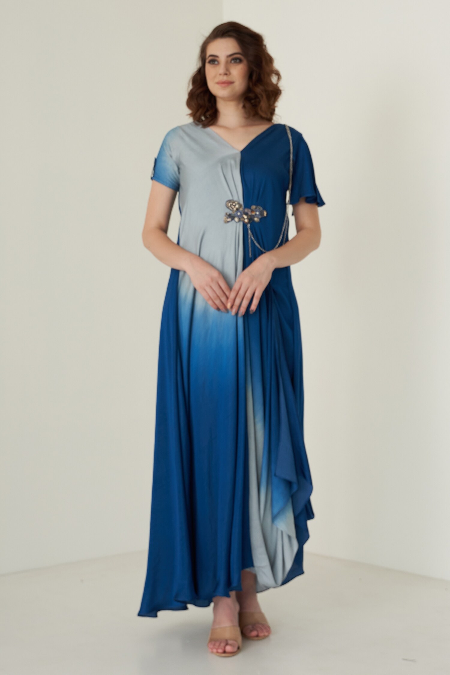 Buy Blue Modal Satin Embroidery Sequin V Neck Ombre Gown For Women by ...