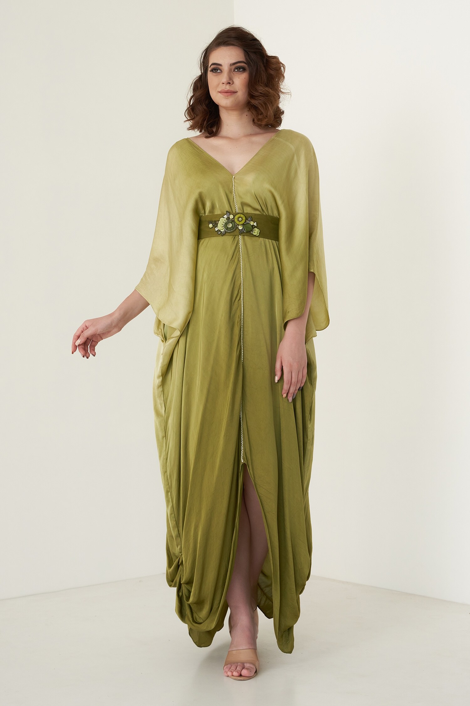 Buy Green Modal Satin Embroidery Pearl V Neck Ombre Kaftan For Women by ...