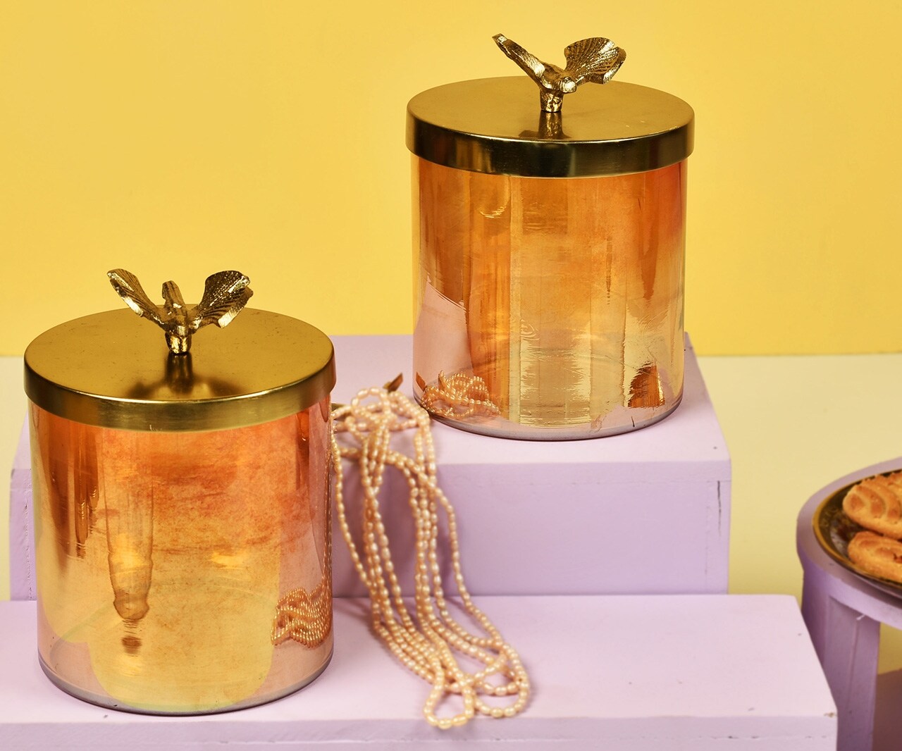 MANOR HOUSE Gold Iron Glass Jars With Metal Pot Water Fly Lid Set Of 2