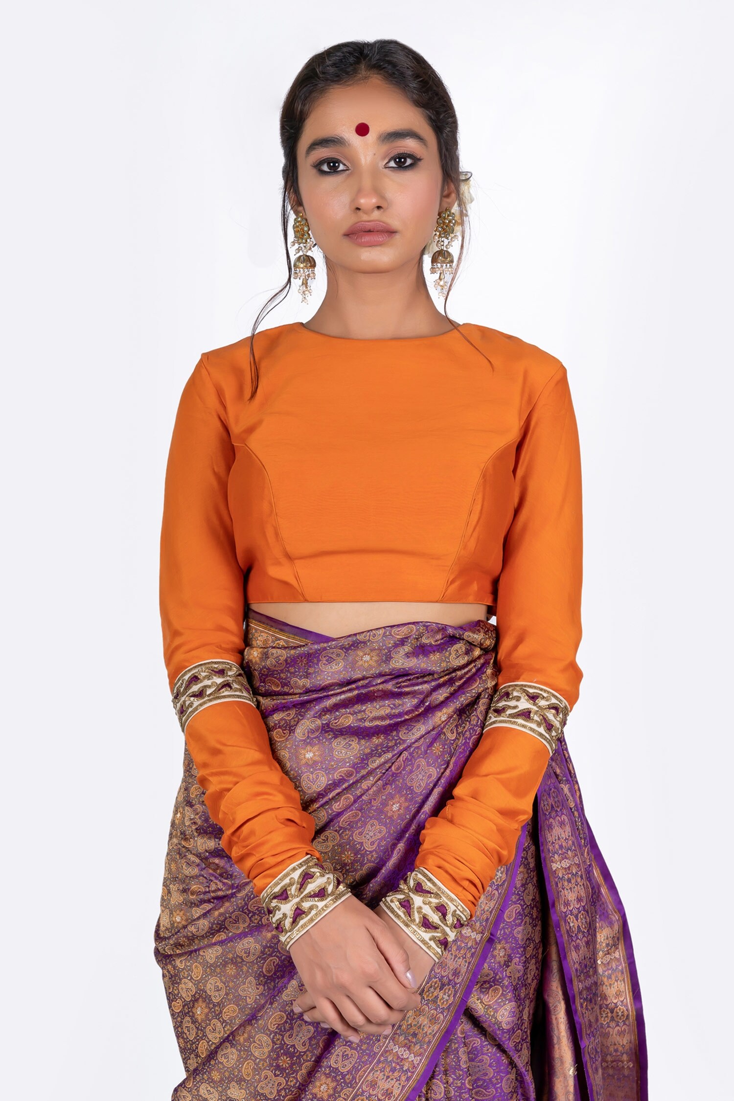 Buy Orange Chanderi Embroidered Round Kesri Blouse For Women by ...