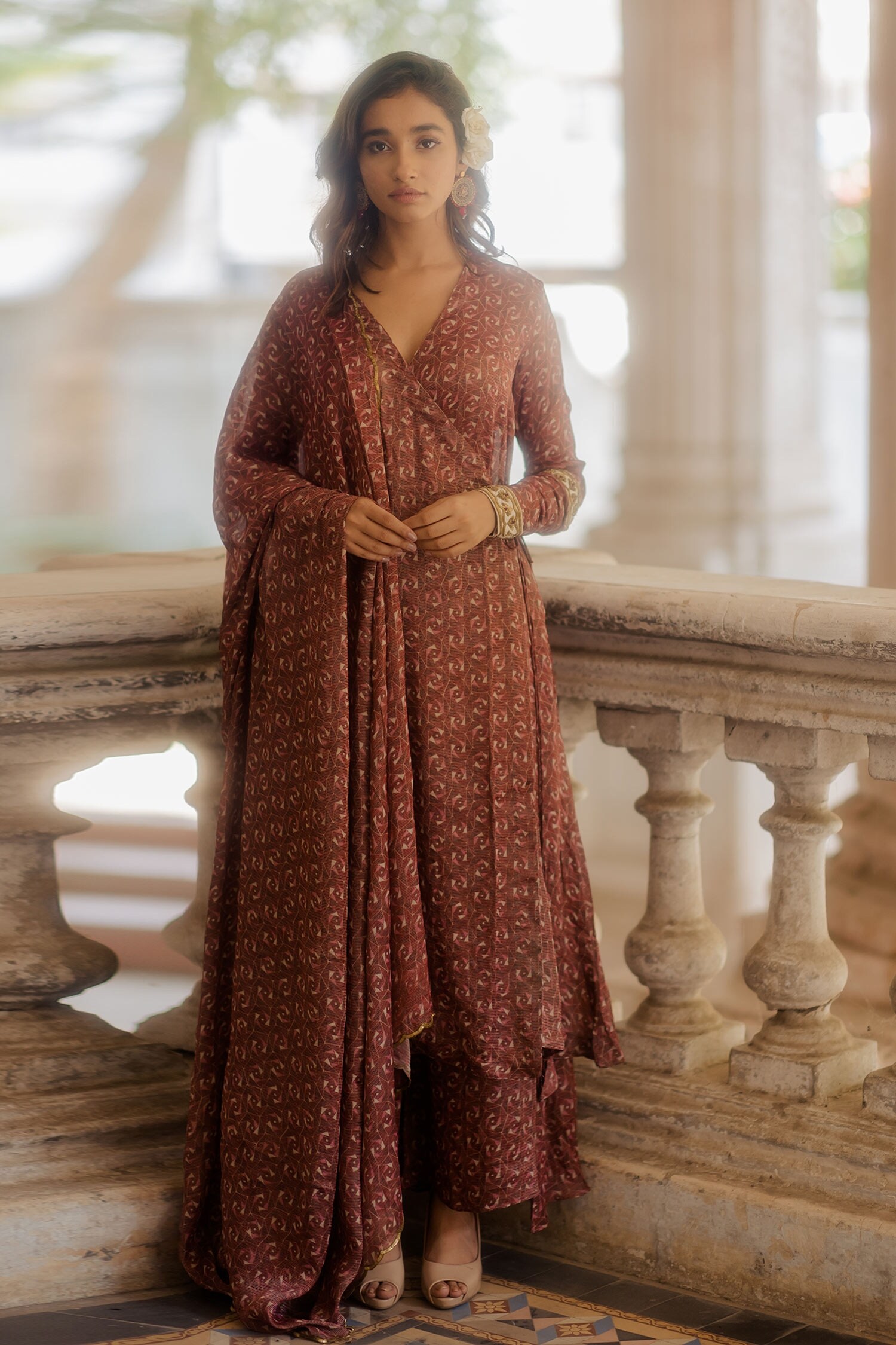 Buy Mimamsaa Red Chiffon Silk Kabita Printed Angarkha Set Online | Aza ...