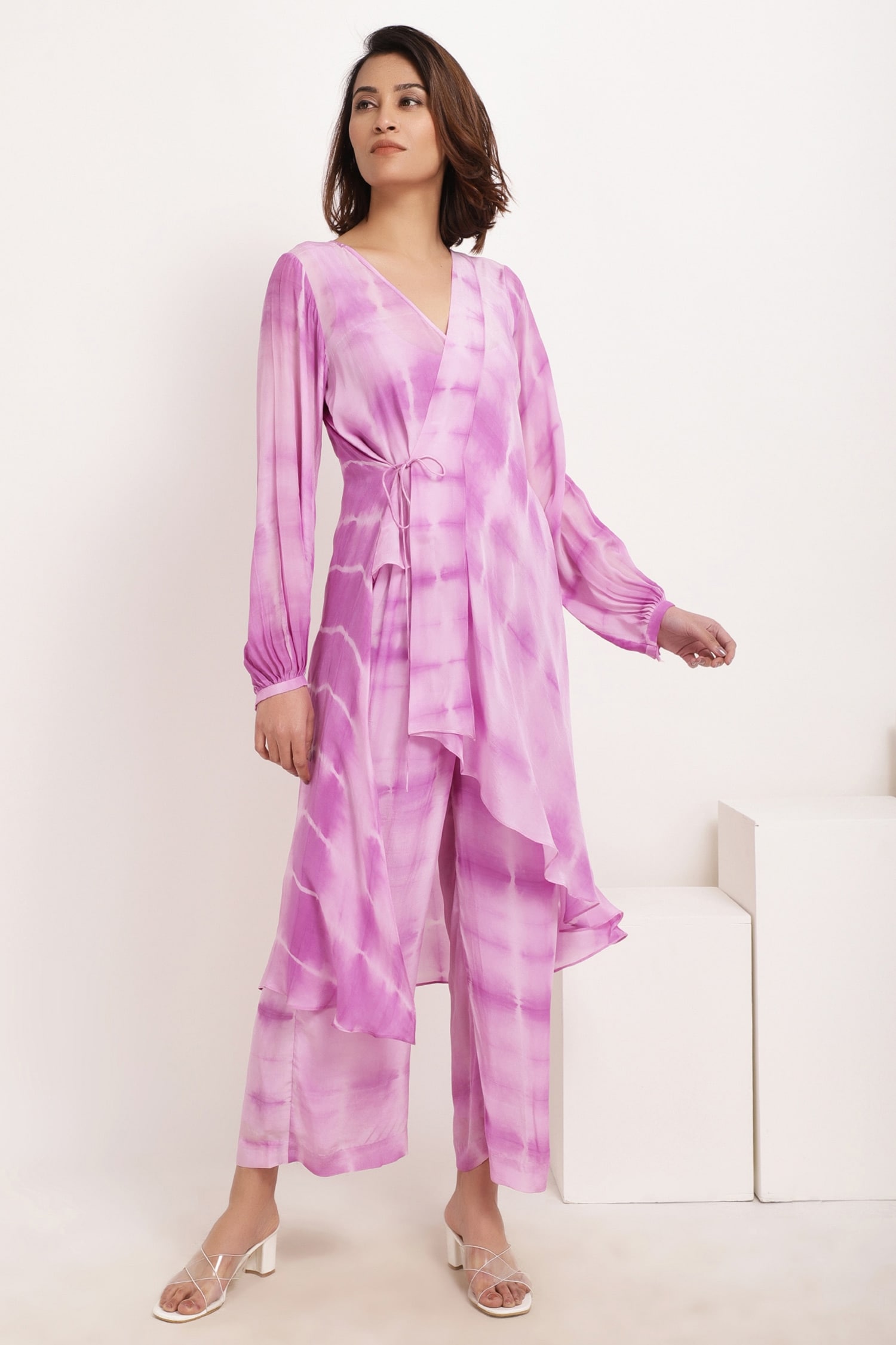 Buy Purple Natural Crepe Woven Tie-dye V Neck Tie Dye Tunic And Palazzo Set For Women by Ranng ...