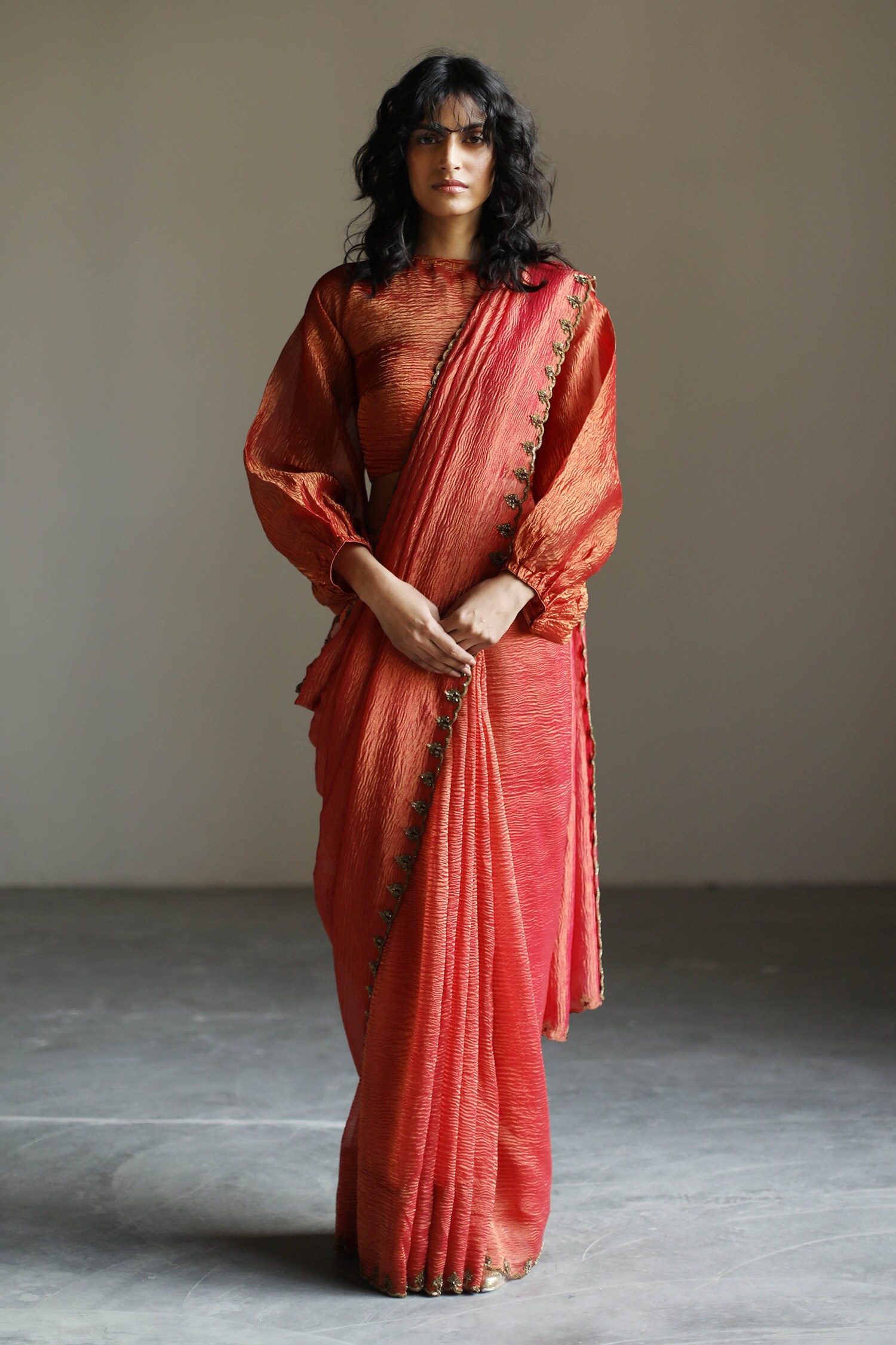 Buy Pink Ursula Scallop Hem Textured Saree For Women by Mimamsaa Online ...
