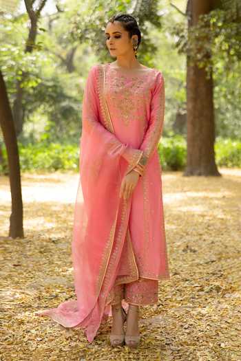 Buy Pink Chanderi Round Embroidered Kurta And Pant Set For Women by ...