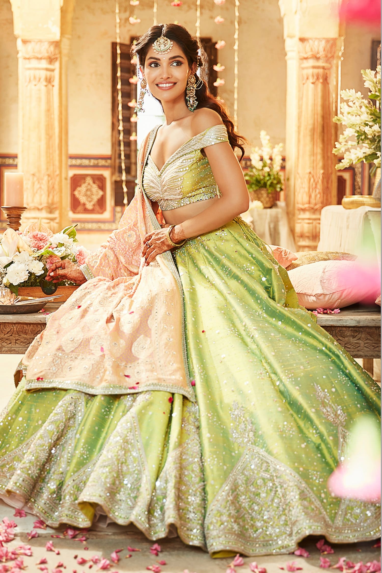 Buy Green Silk Embellished Dori One The Iconic Winged Temple Lehenga ...
