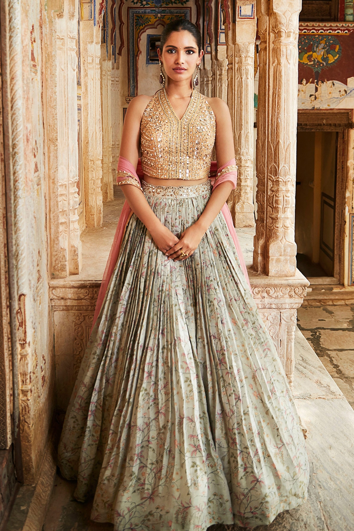 Buy Yellow Embroidered Floral Halter The Florentine Printed Lehenga Set ...