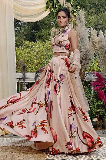 Buy Mahima Mahajan Beige Modal Satin Printed Lehenga Set Online | Aza ...