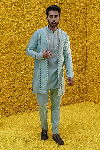 Buy Mahima Mahajan Blue Feroza Banarasi Chanderi Jacket And Kurta Set ...