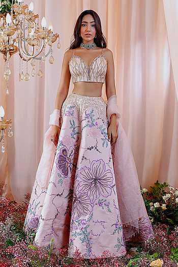Buy Pink Satin Organza Hand Embroidered Floral Juliette Lehenga Set For ...