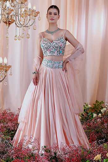 Buy Pink Satin Organza Hand Embroidered Floral Pattern Lucia Lehenga ...