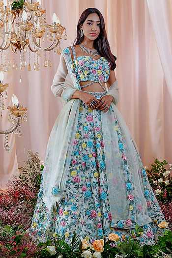 Buy Blue Net Hand Embroidered Floral Pattern Sweetheart Neck Lehenga ...