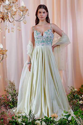 Buy Blue Satin Organza Hand Embroidered Bella Anarkali With Dupatta For ...