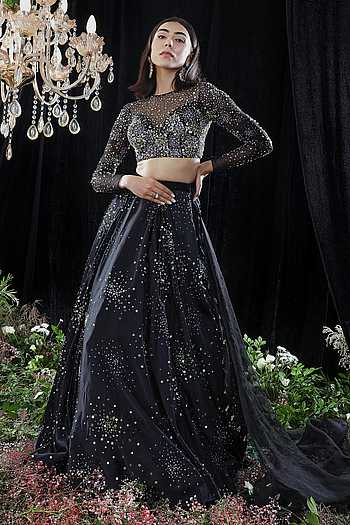 Buy Black Satin Organza Embroidered Sequins Round Audrey Hand Lehenga ...