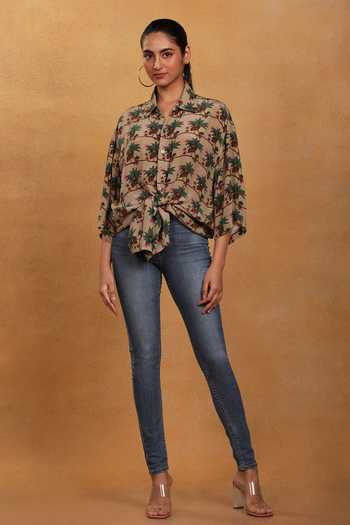 Buy Masaba Brown Raw Silk Tan Birds Of Paradise Print Long Shirt Online ...
