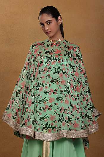Buy Masaba Green Viscose Crepe Autumn Bouquet Cape And Skirt Set With ...