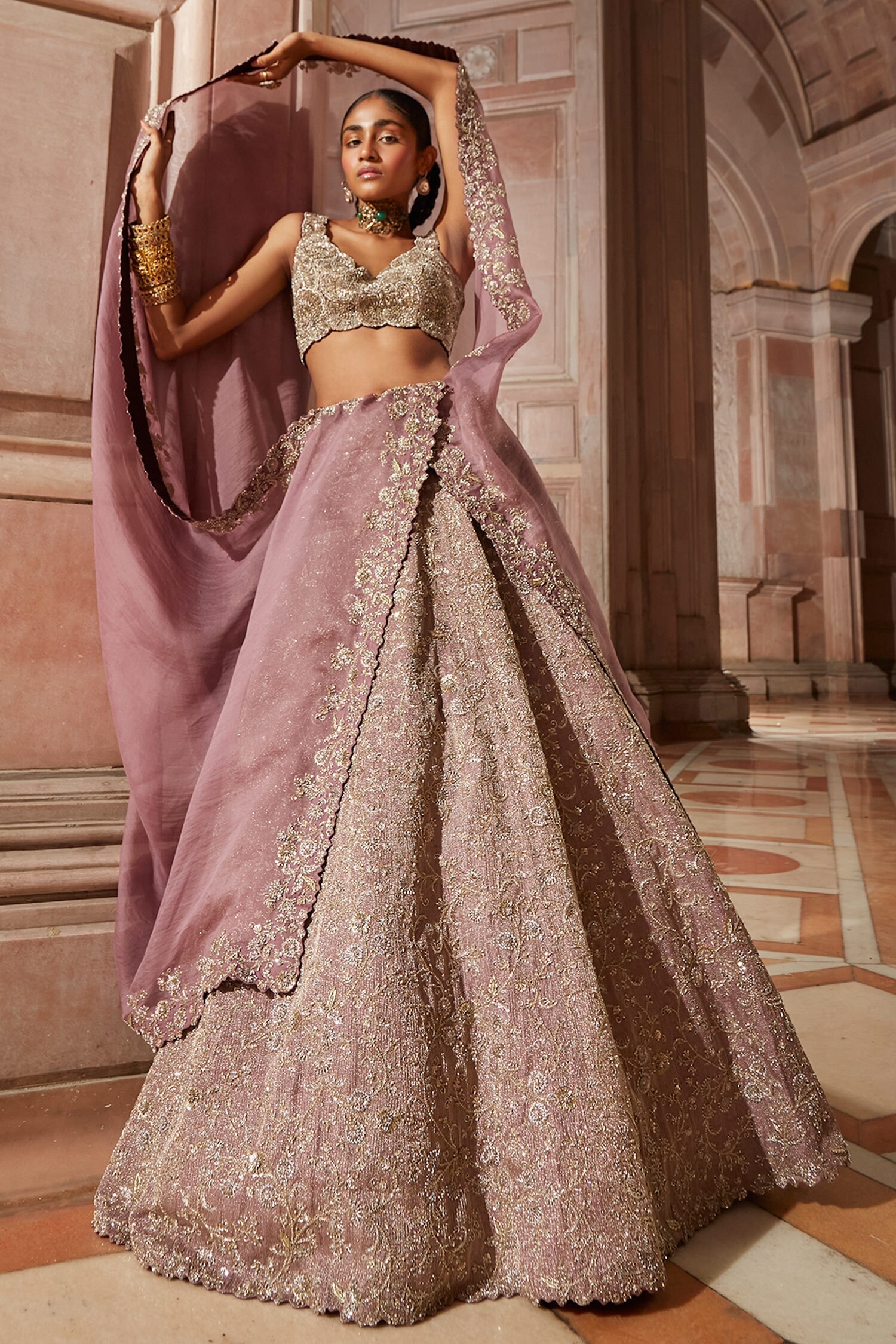 Buy Pink Raw Silk Embroidered Zardozi V Neck Floral Bridal Lehenga Set