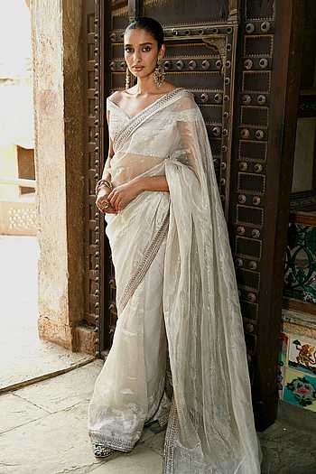 Buy Ivory Tissue Embroidered Sweetheart Neck Saree With Winged Blouse ...