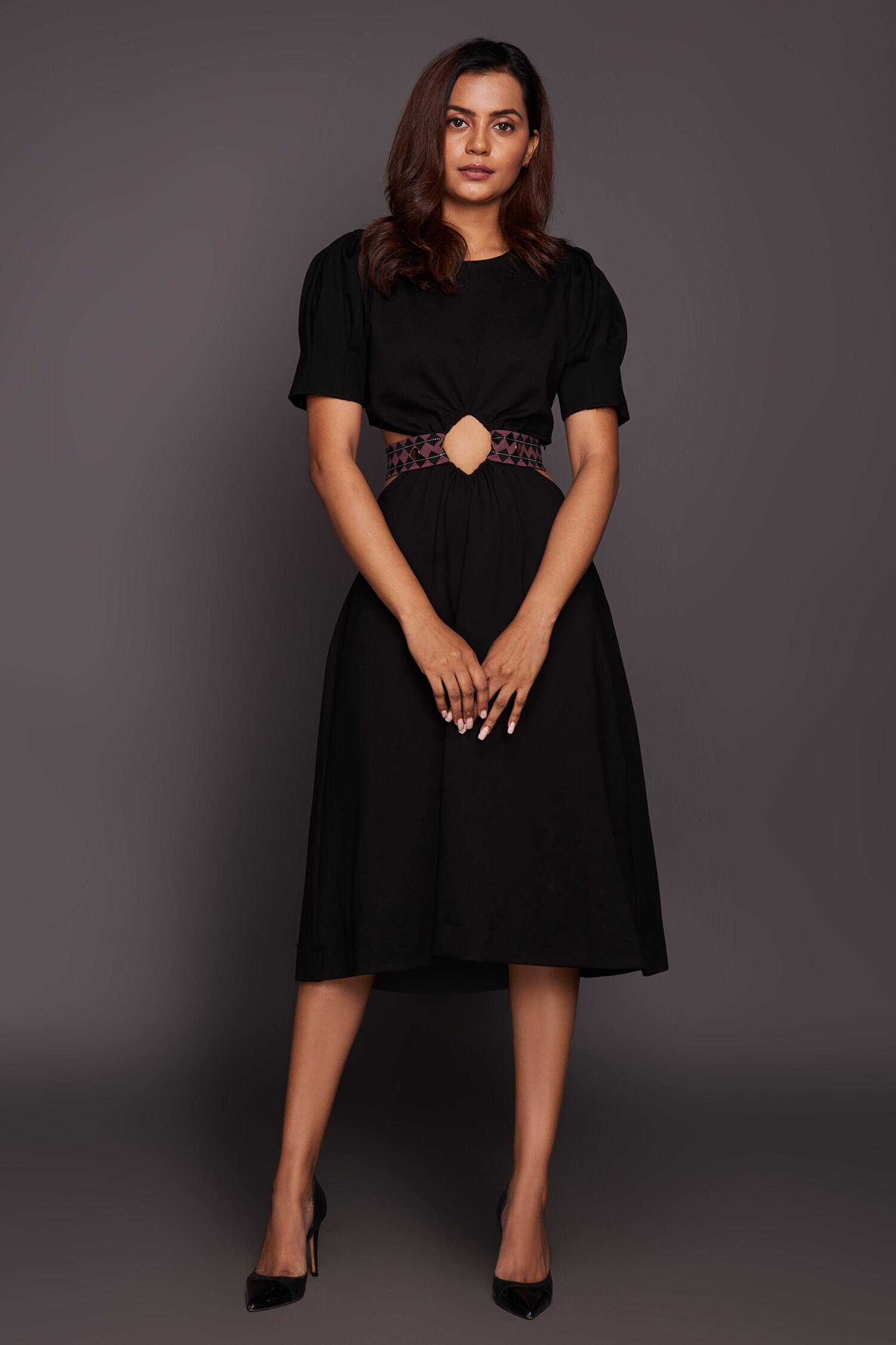 Buy Deepika Arora Black Ponte Roma Cut-out Dress With Belt Online | Aza ...