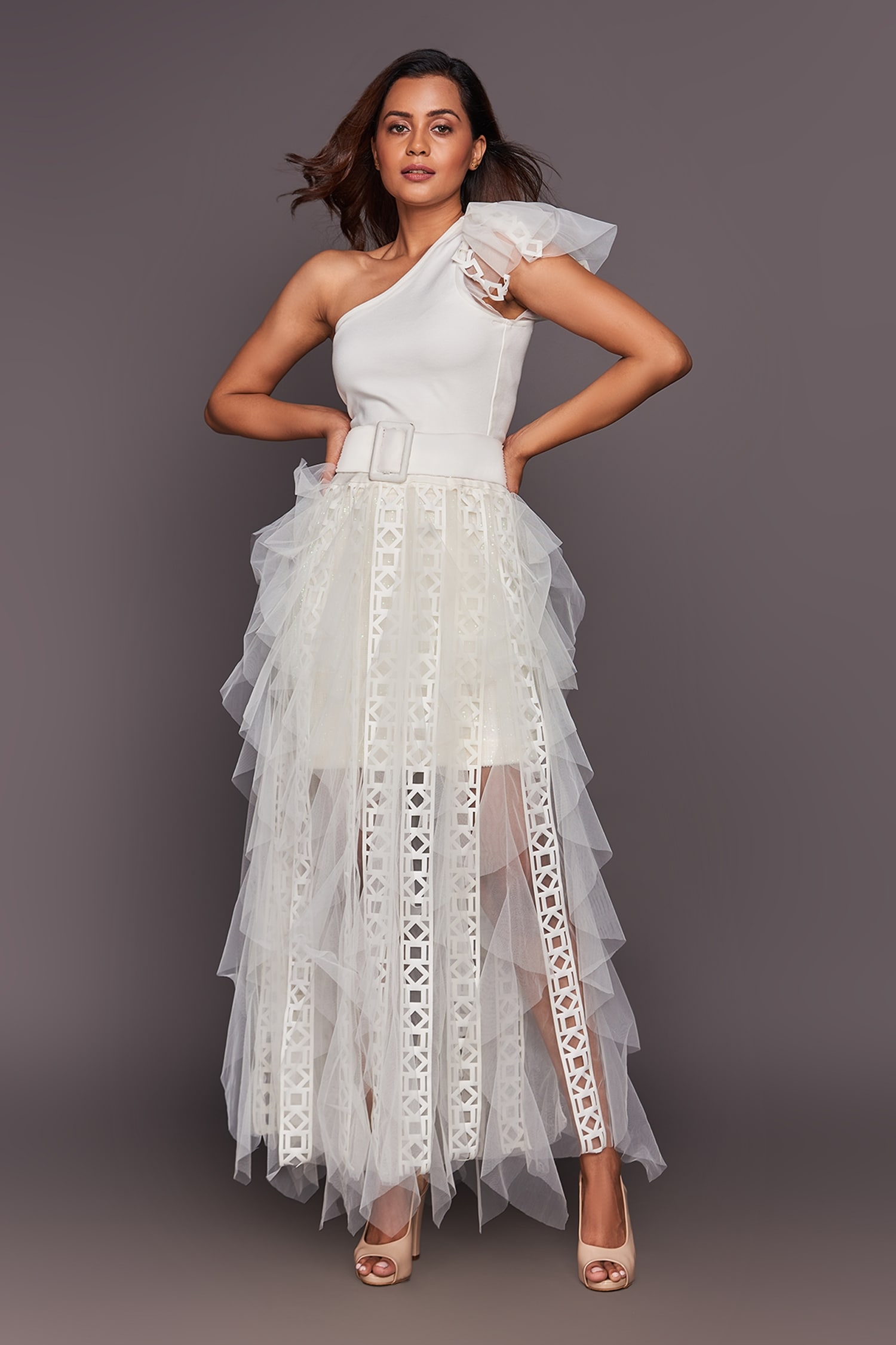 Buy Deepika Arora White Roma One Shoulder Ruffle Gown Online | Aza Fashions