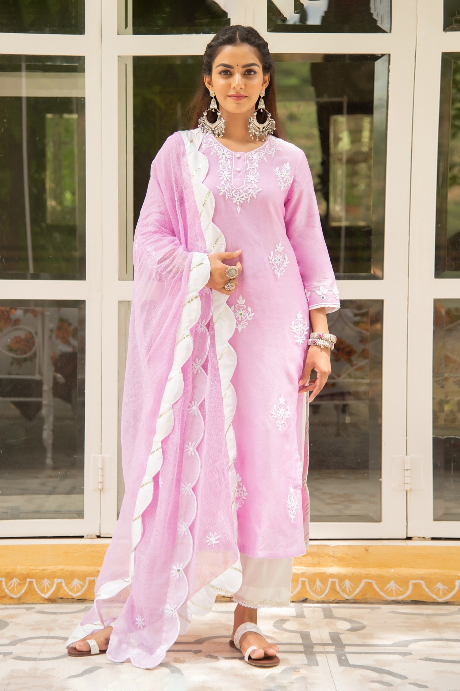 Buy Pink Chanderi Embroidery Round Kurta Set For Women by Maison Shefali Online at Aza Fashions.