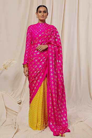Buy Masaba Yellow Crepe Silk Colorblock Foil Print Saree Online | Aza ...