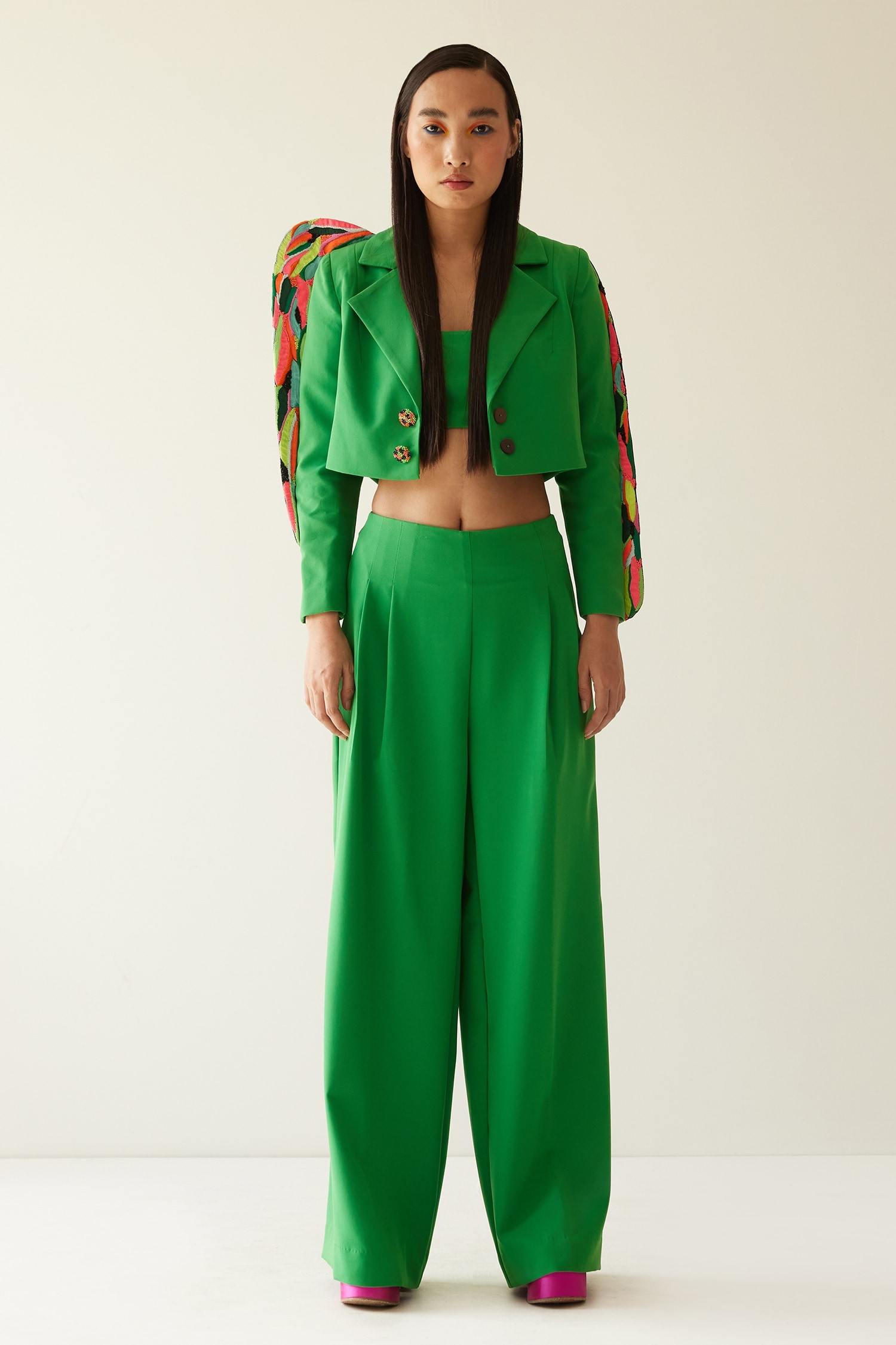Buy Green Crepe Embroidered Elaborated Structured Jacket And Trouser ...