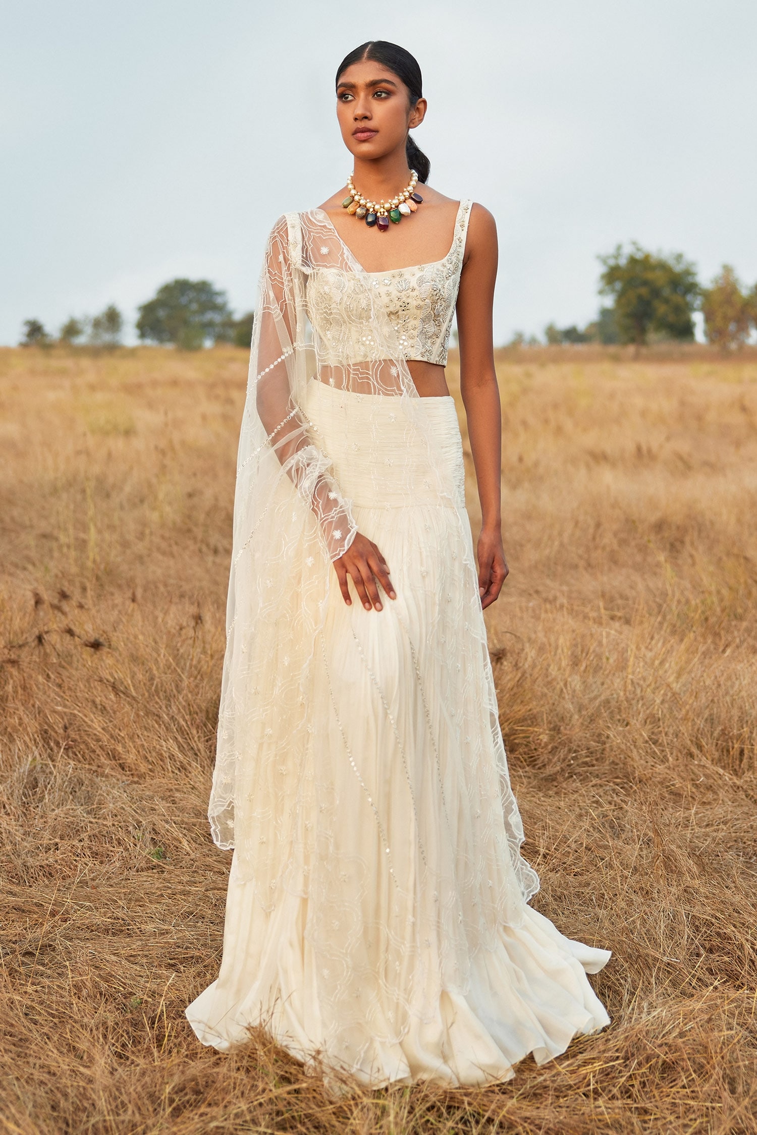 Buy White Skirt -silk Embroidered Floral Square Neck Mallory Set For ...