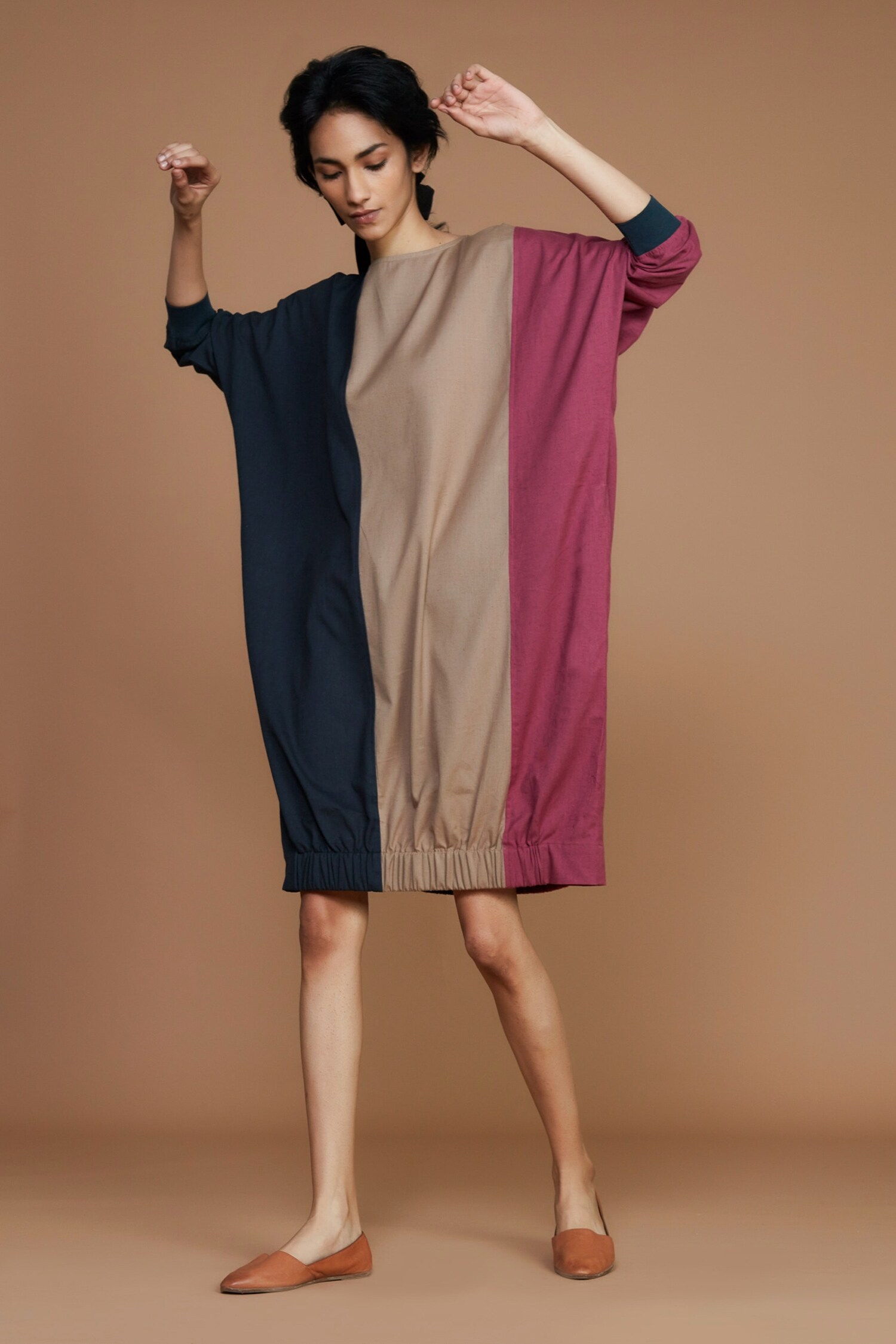 Buy Grey Cotton Hand Woven Colour Block High Neck T-shirt Dress For ...