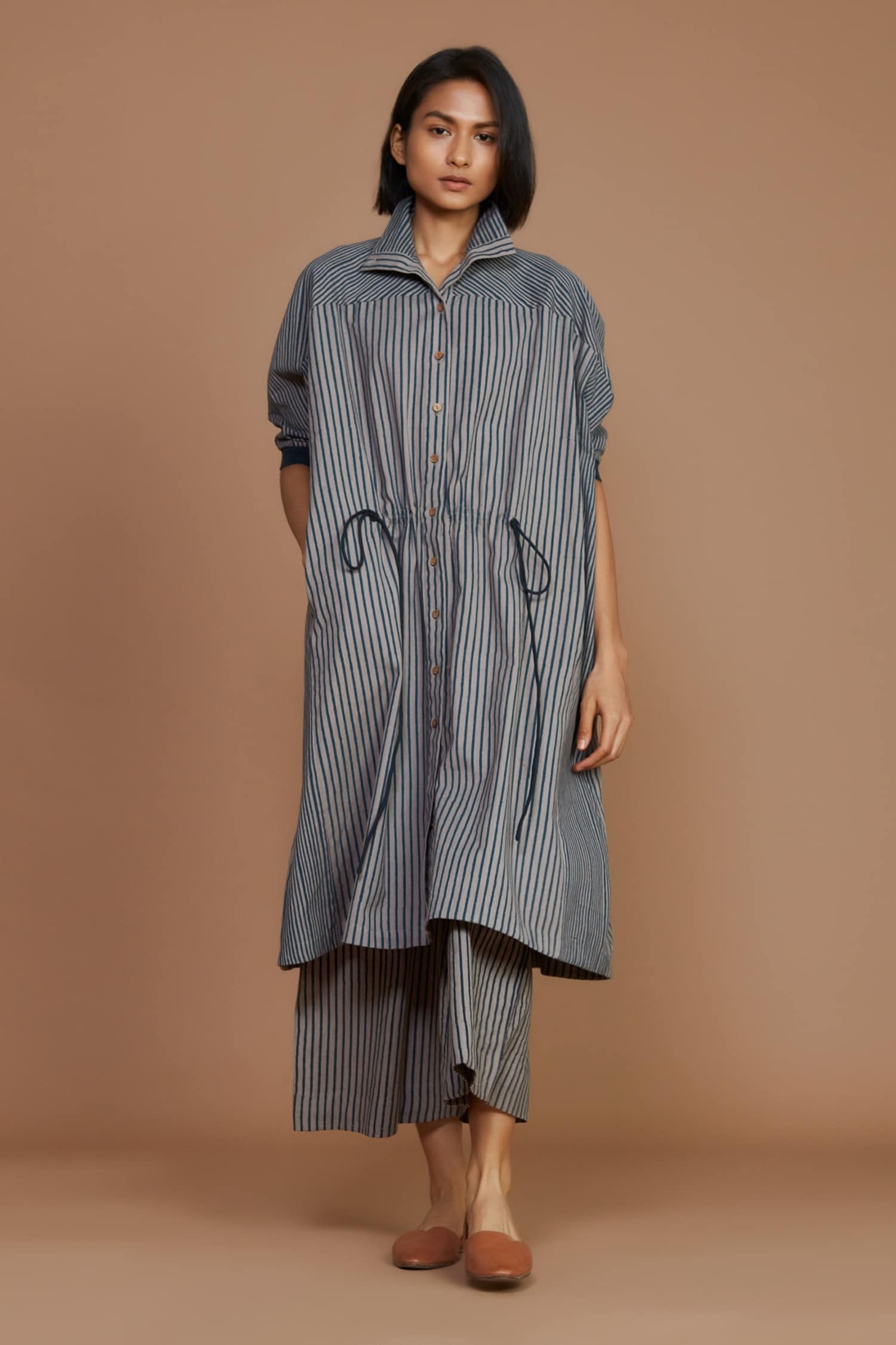 Buy Grey Cotton Hand Woven Striped Shirt Collar Style Tunic And Palazzo ...