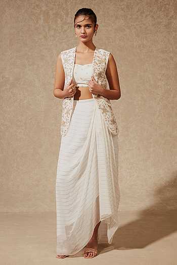 Buy White Lehenga Georgette Embroidered Jacket And Draped Skirt Set For ...