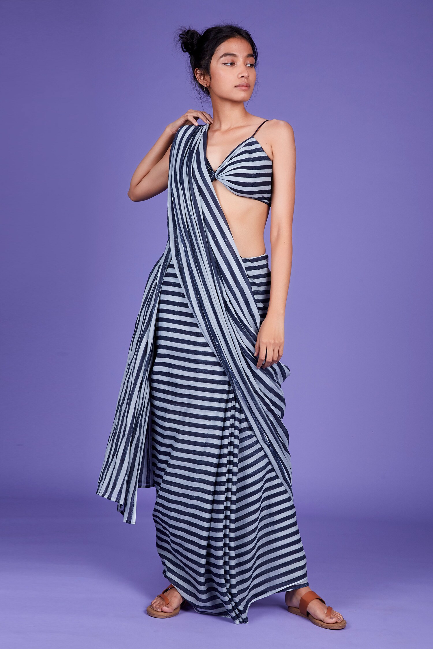 Buy Mati Blue Cotton Mul Block Print Saree With Blouse Online | Aza ...