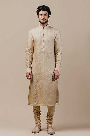 Buy Gold Silk Kurta Set For Men by Tarun Tahiliani Online at Aza Fashions.