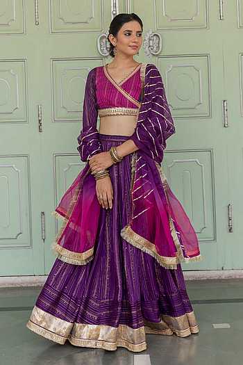 Buy Purple Chanderi Blend Embroidered Gota And Sequin Work Lehenga Set ...