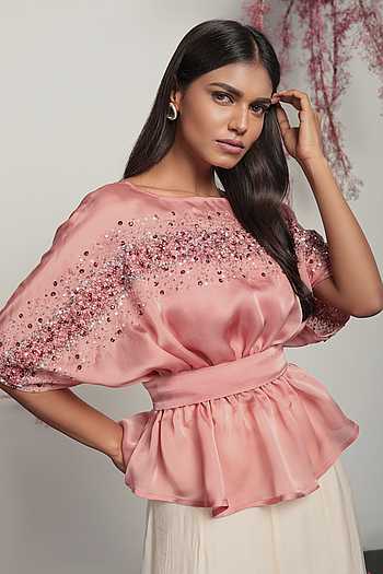 Buy Nayantara Couture Pink Viscose Satin Organza Fanny Embroidered Top ...