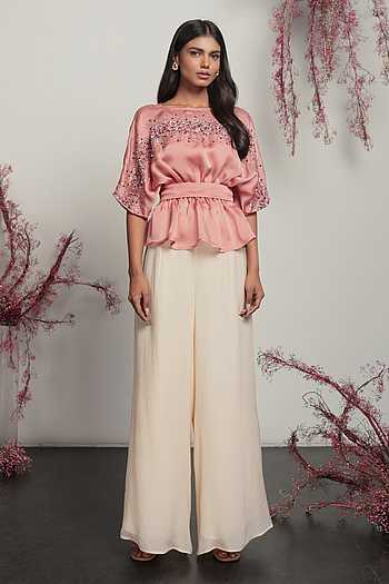 Buy Pink Viscose Satin Organza Embroidered Bead Fanny Top And Pant Set ...