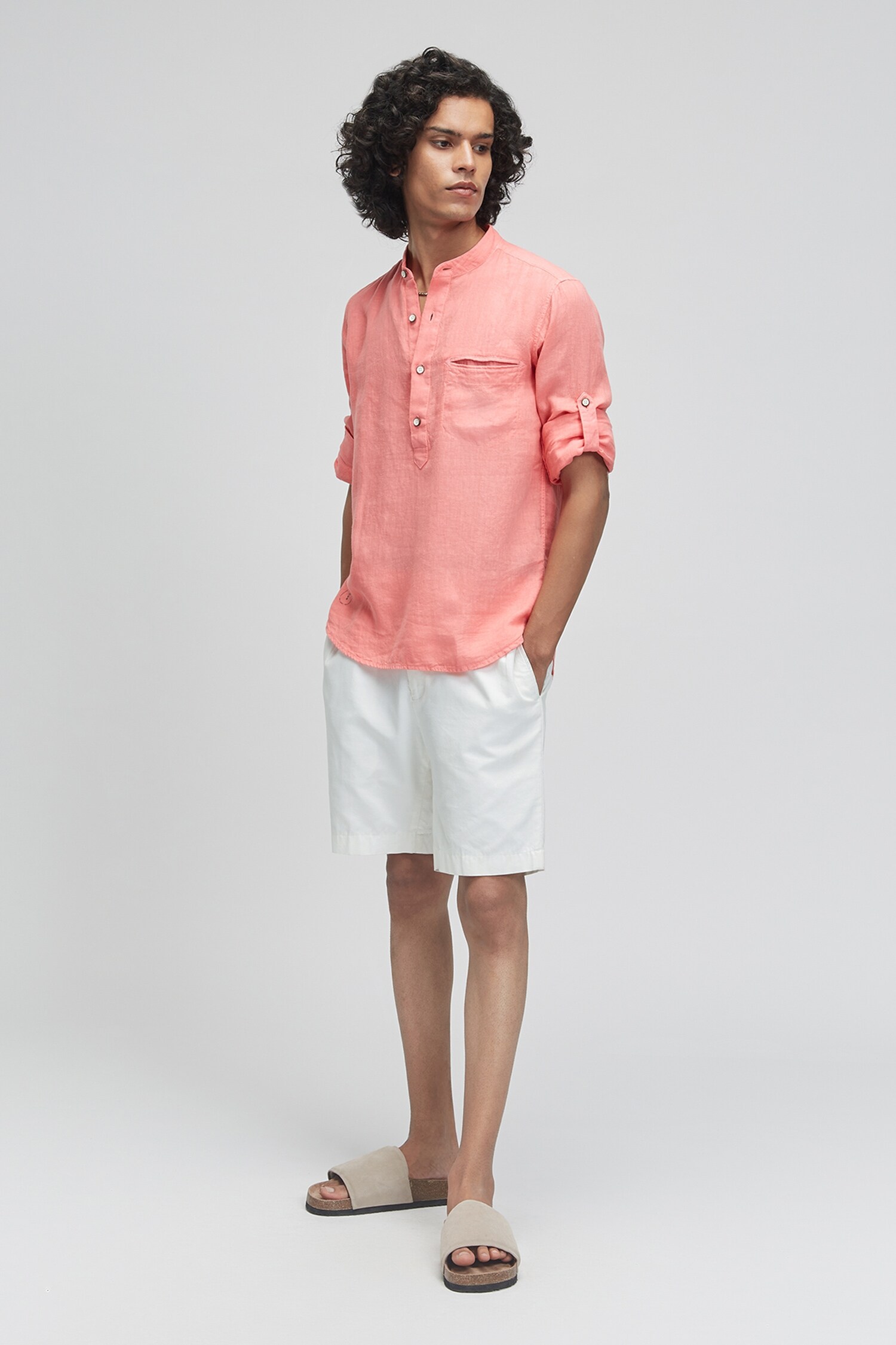 Buy Coral 100% Linen Plain Mandarin Collar T-shirt For Men by Terra ...